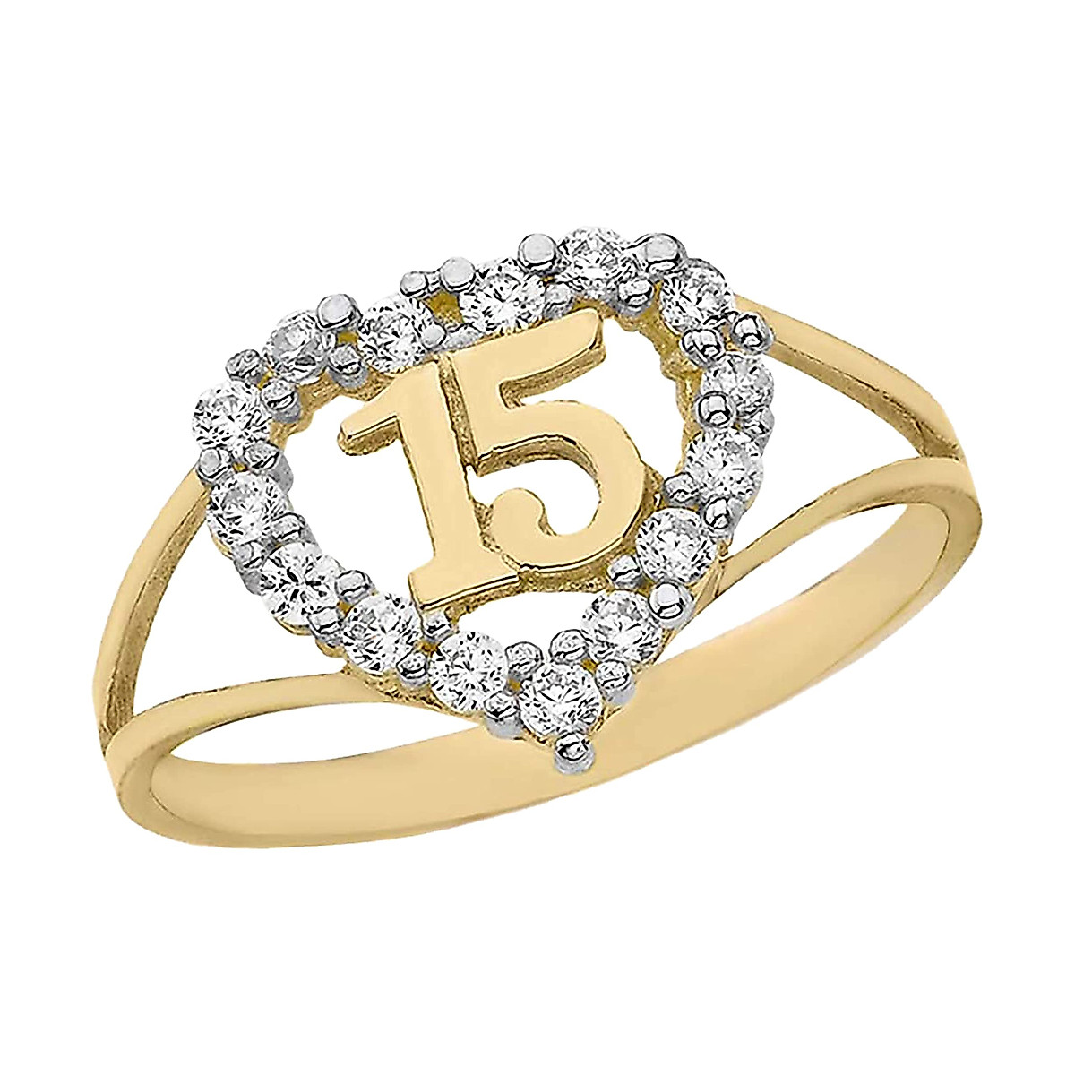 10K Yellow Gold Cubic Zirconia ‘15’ Fifteen Heart Ring, Size 6