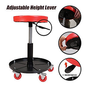 Torin ATRHL6201B Heavy Duty Rolling Pneumatic Creeper Garage/Shop Seat: Padded Adjustable Mechanic Stool with Tool Tray Storage, Red 250 LBS