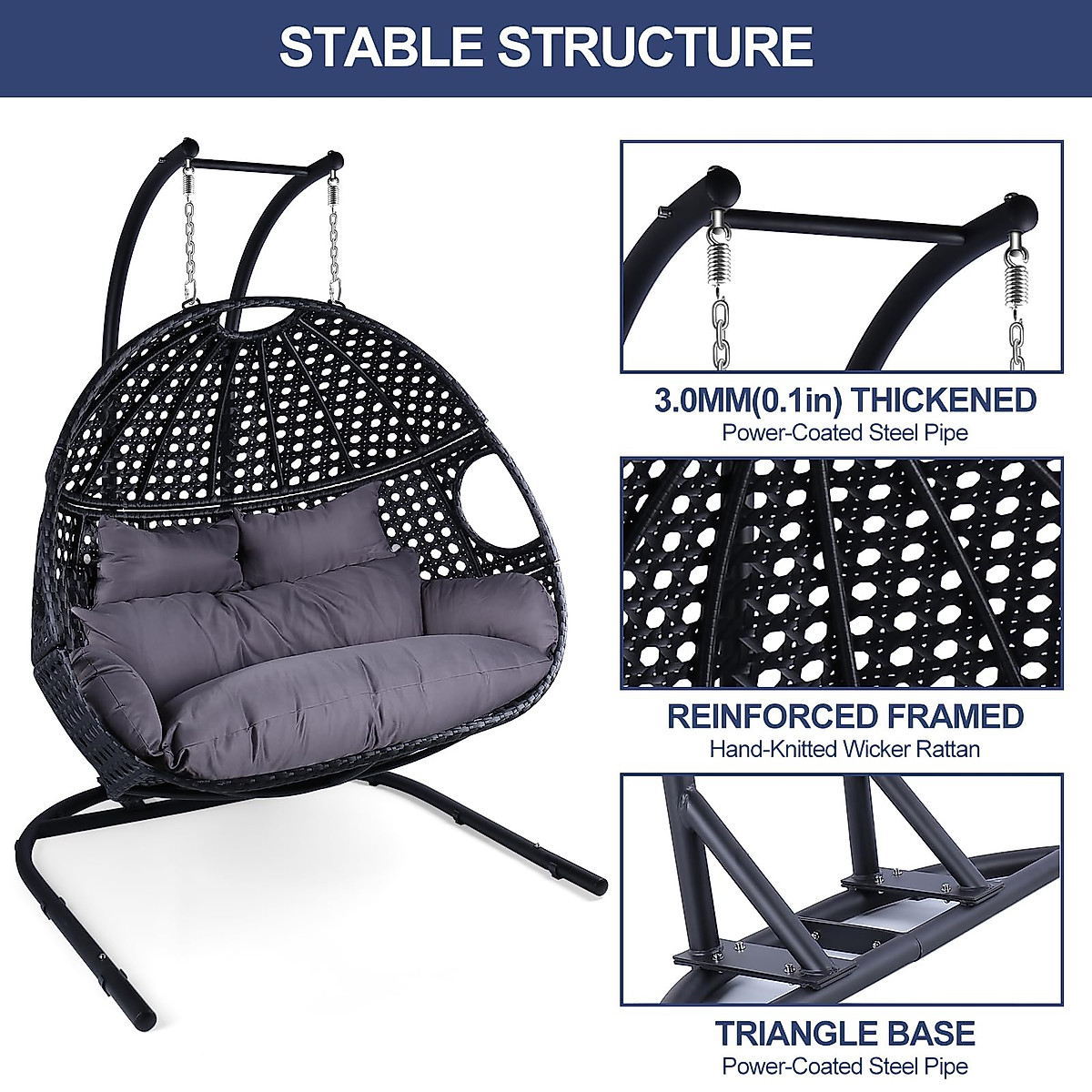 JESE Double Swing Egg Chair with Stand Indoor Outdoor,UV Resistant Cushion 2 People Hanging Anti-Rust Wicker Rattan Frame 530 lbs Capacity Oversized Hammock for Patio Bedroom Balcony，Black