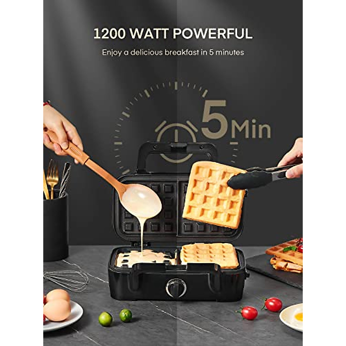 FOHERE Waffle Maker 3 in 1 Sandwich Maker 1200W Panini Press With Removable Plates and 5-gear Temperature Control, Non-stick Coating Easy to Clean,Indicator Lights, Silver/Black