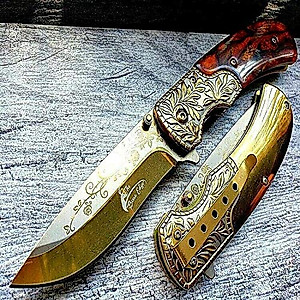 8.25" Gold Floral Rose Etch Spring Assisted Folding Tactical Pocket Stainless Steel Blade Knife