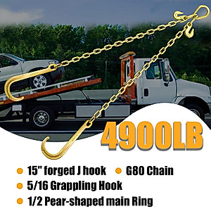 FITHOIST Grade 80 Chain V-Bridle | 5/16In x 2Ft Towing Chain Bridle with J Hooks and Grab Hooks | Bridle Transport Chain with 4,900LBS Safe Working Load | for Flatbed Truck Rollback Wrecker Carrier