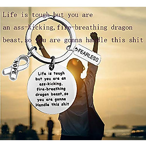 BEKECH Cancer Fighter Gift Awareness Ribbon Charm Cancer Survivor Keychain Life Is Tough But You Are Gonna Handle This Shit Keychain Survivor Recovery Jewelry Cancer Awareness Gifts (Silver)