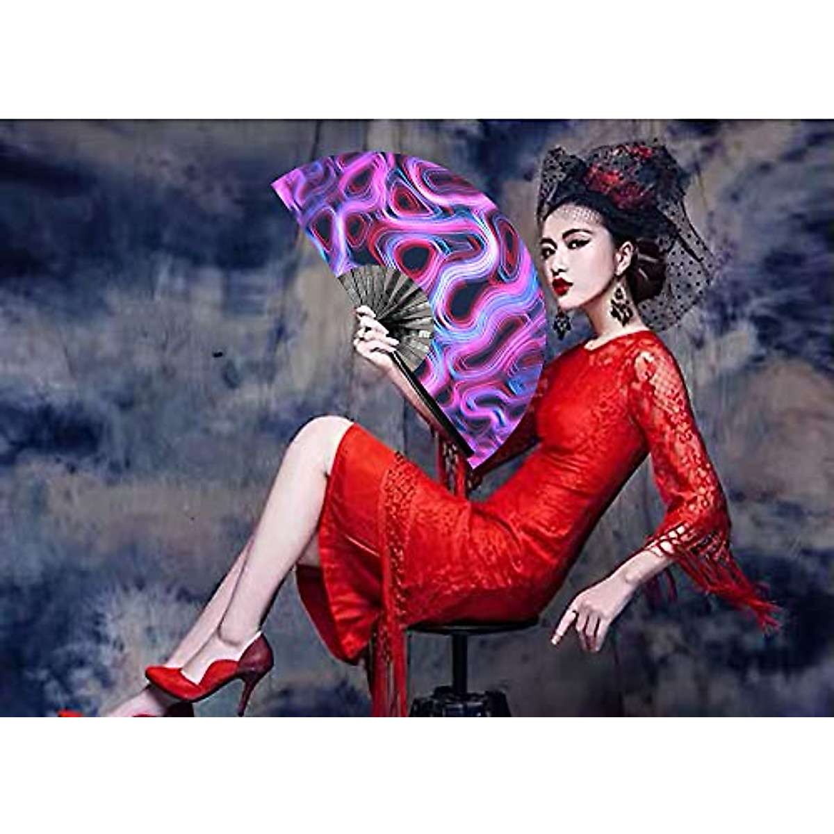 Leehome Large Rave Folding Hand Fan for Women/Men,Chinese/Japanese with Bamboo and Nylon-Cloth Handheld Fan,for Performance,Decorations, Dance,Festival Party,Gift (C03)