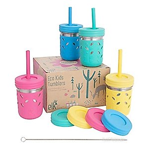 Elk and Friends Stainless Steel Cups | Mason Jar 10oz | Kids & Toddler Cups with Silicone Sleeves & Silicone Straws with Stopper | Sippy Cups, Spill Proof Cups for Kids, Smoothie Cups