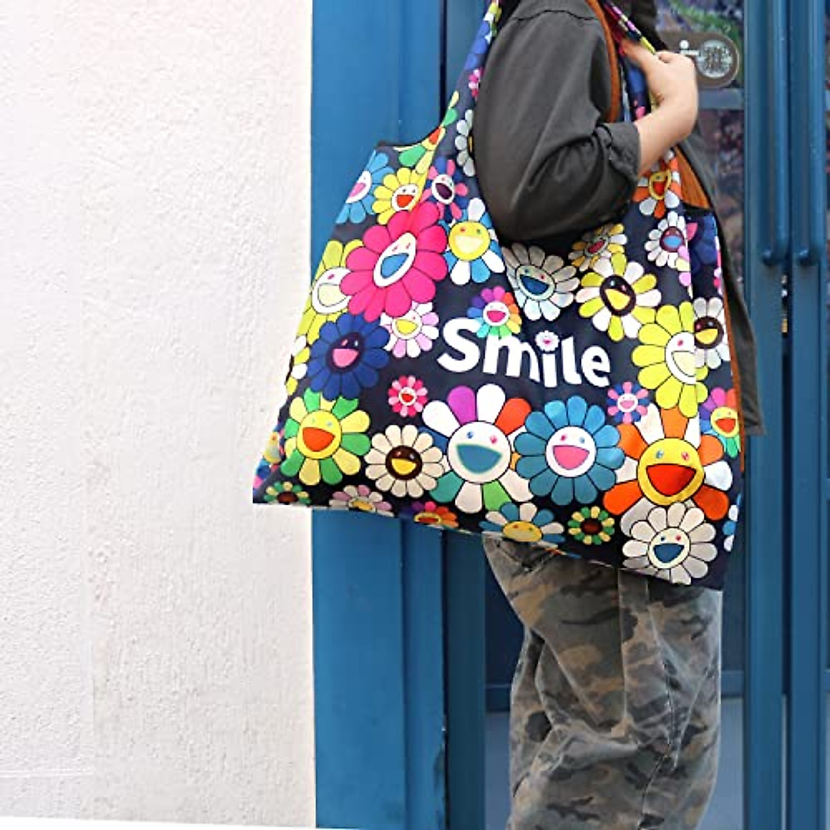 FORZEN Reusable Bags Cute Fashion Shopping Bags Large Grocery Bags with Pouch for Women Girl Heavy Duty Lightweight Washable Foldable Durable Smile Flower(1PC)