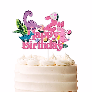 Pink Dinosaur Happy 2nd Birthday Cake Topper, Royal Princess Second Birthday Number 2 Girl Dinosaur Cake Pick,Dino Theme Baby Shower Kids Girls 2 Years Old Party Decorations