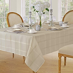 Newbridge 60 x 144 Inch Rectangle Fabric Tablecloth, Elegance Plaid, 100% Polyester, No Iron Soil Resistant Dining Room, Party and Banquet Table Cover, Solid Textured, Beige