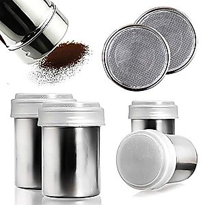 HANSGO 2 Set Powder Suger Shakers, Stainless Steel Powder Shaker Mesh Shaker Powder Cans for Salt Coffee Cocoa Cinnamon Powder Seasoning Cans with Lid