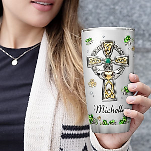 Wassmin Personalized St Patricks Day Tumbler Irish Fact Celtic Cross Jewelry Drawing Stainless Steel Tumbler 20 Oz 30 Oz with Lid Travel Mug Saint Paddy's Day Gifts for Irish Women Men Family Friends