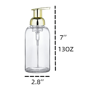 2 Pcs Foaming Soap Dispenser, Thick Glass Jar Soap Dispenser with Gold Foaming Pump, 13 ounce Round Bottles Dispenser with Foaming Pump