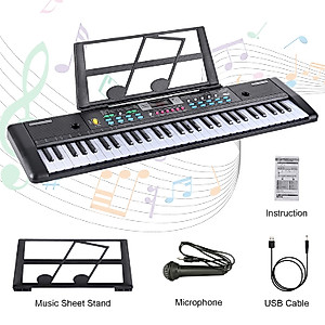 61-Key Electric Keyboard Piano, Portable Piano Keyboard with Music Stand, Microphone, Full-Size, Built-in Speakers, Dual Power Supply, Music Digital Piano for Beginners Kids Adult