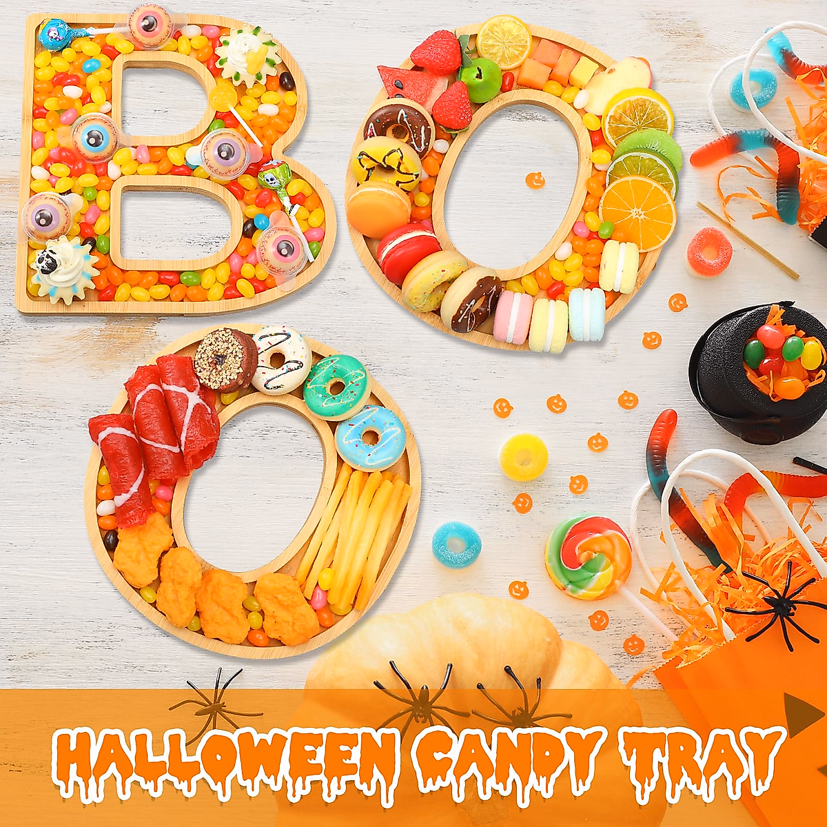 FillTouch Boo Wooden Charcuterie Letters Fillable Halloween Serving Tray Charcuterie Board Dish Decorative Cheese Platter for Snack Food Cake Cookies for Halloween Party