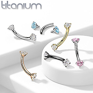 Dynamique Implant Grade Titanium Curved Barbells With Internally Threaded Prong Set CZ Ends (Sold Per Piece)