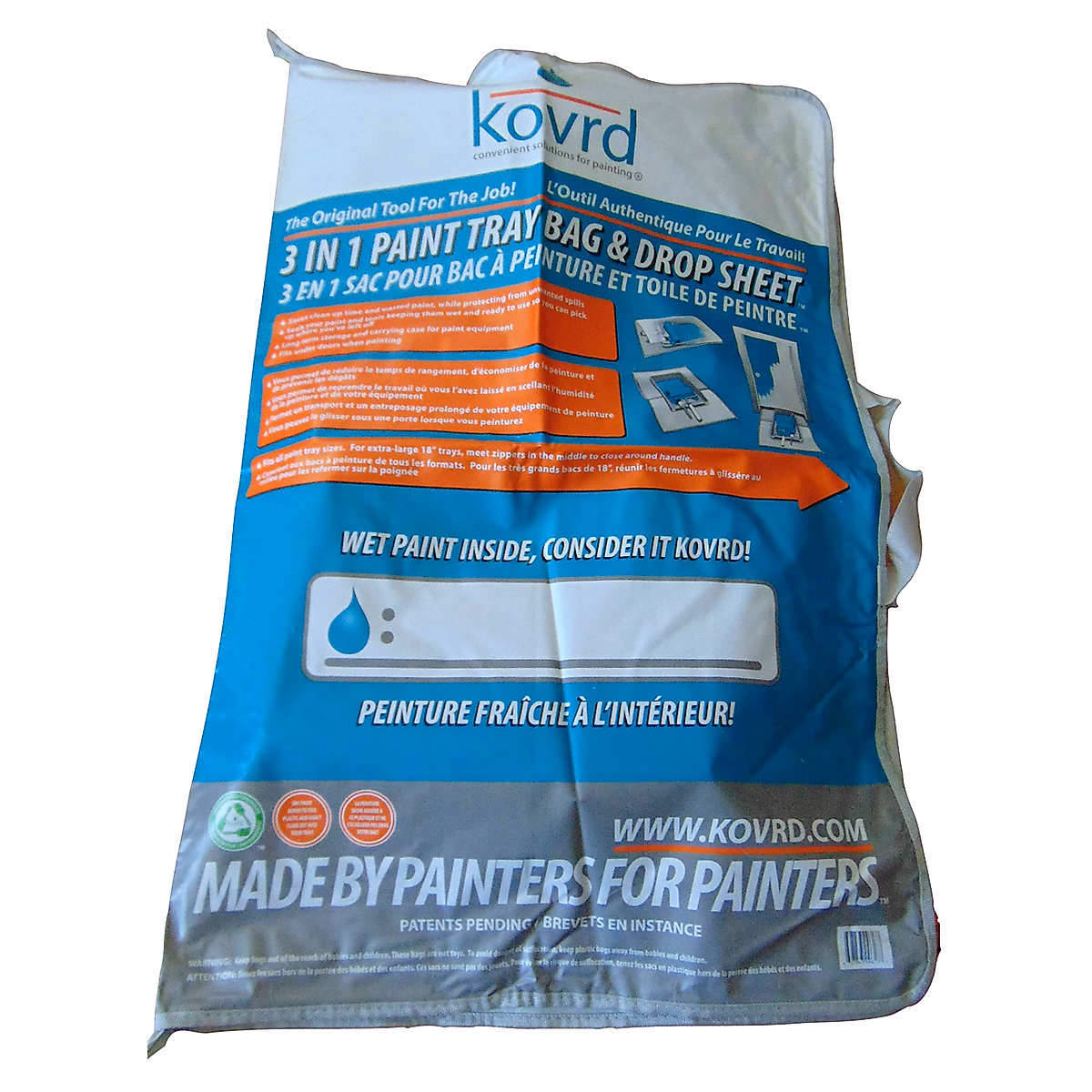 Kovrd 2-in-1 Reusable Paint Tray Storage Bag and 39” x 29” Drop Cloth, Keep Brushes Rollers and Paint Wet for Days, Fits 5-gal Bucket, Contractor Quality for Professional Interior and Exterior Jobs