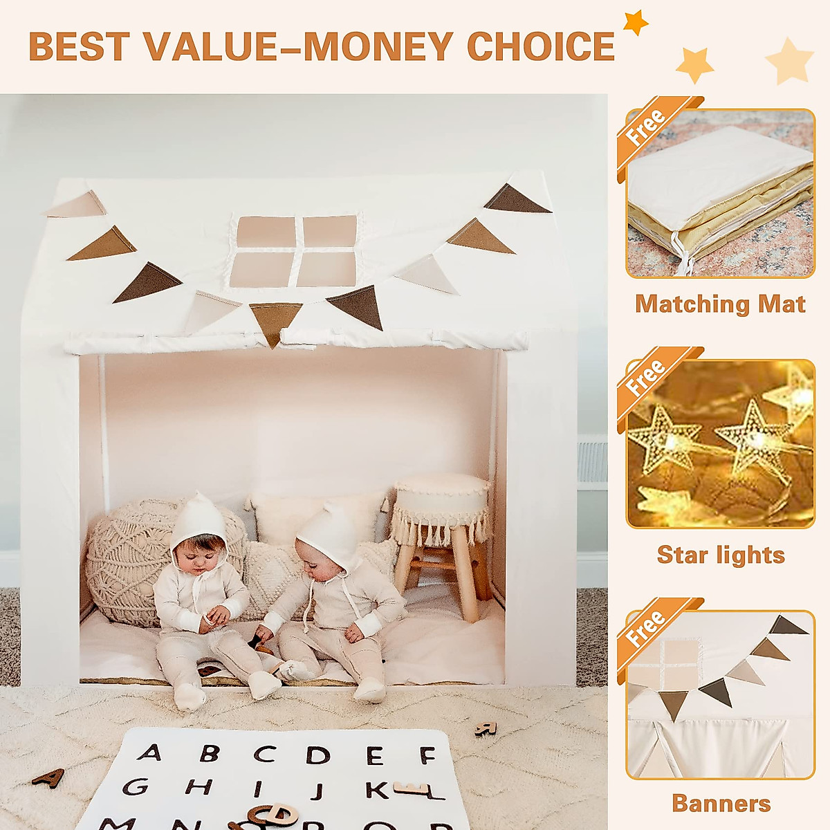 Kids Tent with Mat, Lights and Flags, Play Tent Indoor, Playhouse for Kids Outdoor, Kids Play Tent with Windows and Roll Up Door, 52" x35" x 52", Baby Play Tent for Both Boys and Girls