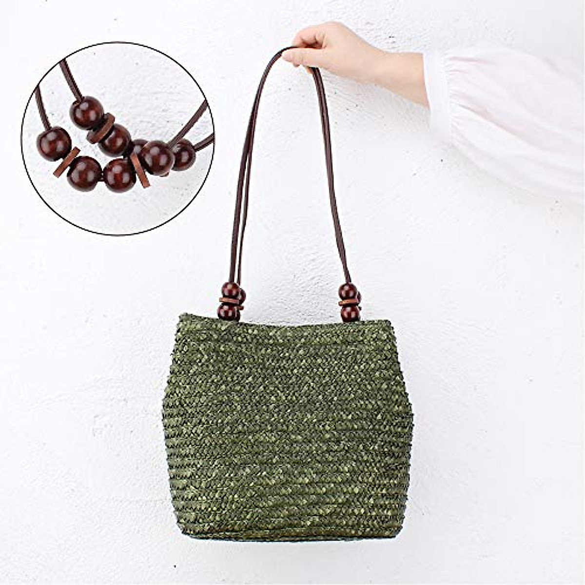 QTKJ Women Retro Bucket Straw Bag Handwoven Rattan Beach Tote Shoulder Bag with Brown Bead (Green)