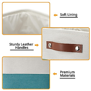 DULLEMELO Foldable Storage Cubes 11 x 11 Organizer Bins,Canvas Storage Bins Empty Gift Baskets for Organizing with SturdyLeather Handles, Closet Baskets for Nursery Storage(4 Pack - 11" White&Teal)