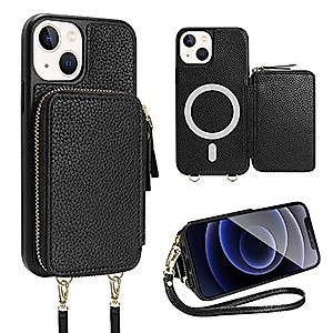 ZVE for iPhone 14 Plus Crossbody Wallet Case for Magsafe, Magnetic Phone Case with RFID Blocking Card Holder Wrist Strap for Women, Zipper Leather Cover for iPhone 14 Plus, 6.7"-Black