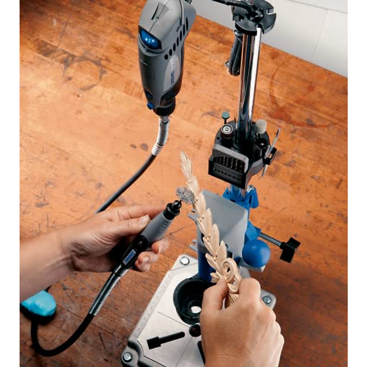 Dremel Drill Press Rotary Tool Workstation Stand with Wrench- 220-01- Mini Portable Press- Holder- 2 Inch Depth- Ideal for Drilling Perpendicular and Angled Holes- Table Top , Silver