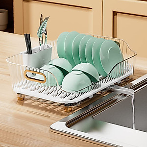 ZYFAB Dish Drying Rack, Kitchen Dish Drainer Rack, Plastic Transparent Sink Organizer Dish Rack Drainboard Set with Utensil Holder Cups Holder for Kitchen Counter,Clear