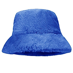 Women Plush Fluffy Bucket Hat Warm Lining Winter Faux Fur Cozy Wide Brim Winter (Royal Blue)