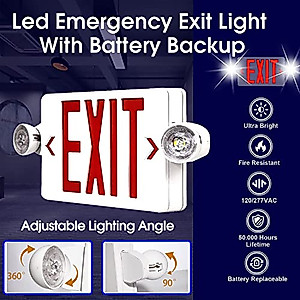 LED Exit Sign Emergency Light Combination Adjustable Two Heads and Battery Backup, US Standard Commercial Emergency Exit Lighting, Fire Resistant UL 924 AC 120/277V (Red)