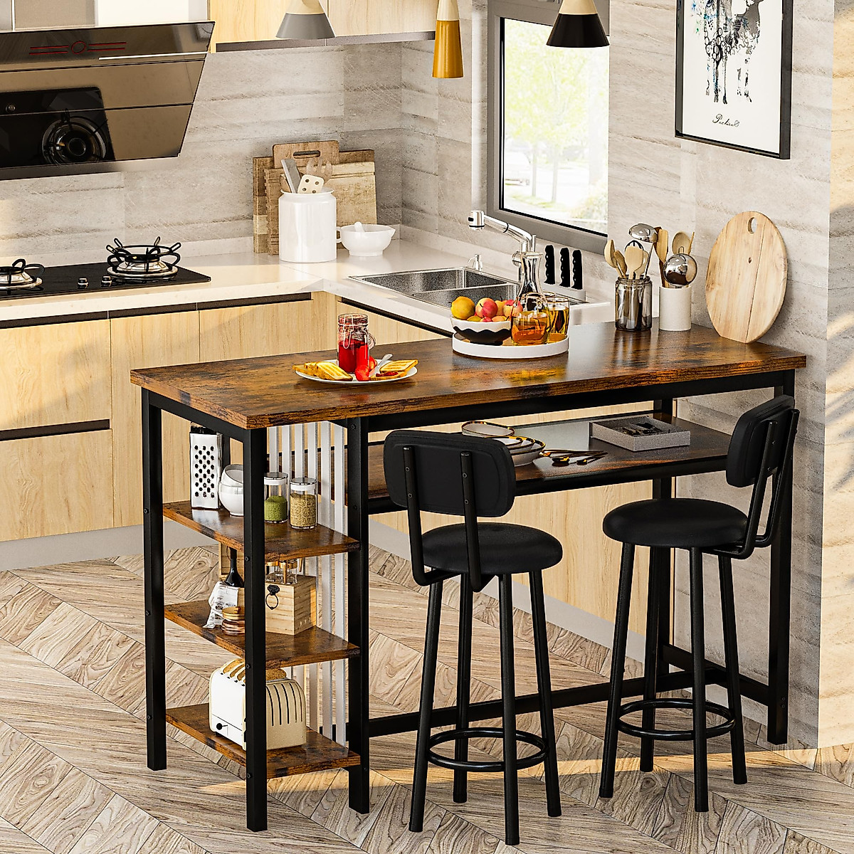 DKLGG 47" Bar Table and Chair Set, Small Kitchen Counter Dining Table Set for 2, 3 Piece Bar Height Table with 2 Stools & Storage, Pub Table Dining Set for Breakfast Nook, Small Space