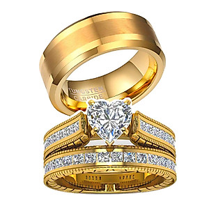 LOVERSRING 3pc Couple Ring Bridal Sets Women 14k Yellow Gold Plated Cz Man Tungsten Carbide Band Wedding Ring Sets for Him and Her
