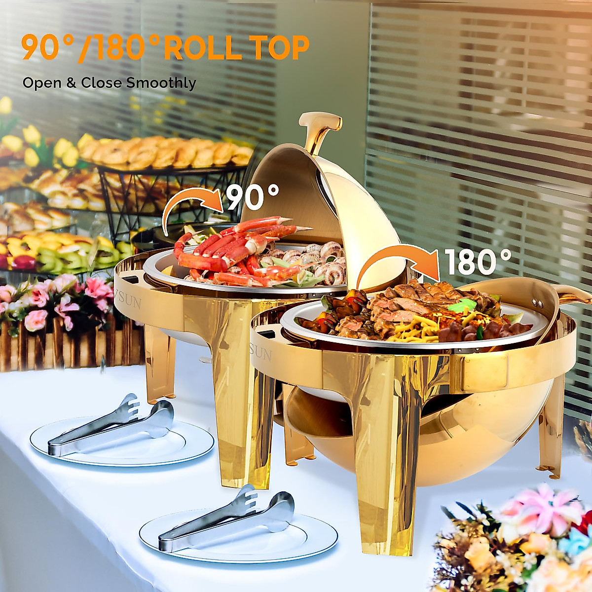 ROVSUN 6 QT Round Chafing Dish Buffet Set, Roll Top NSF Stainless Steel Buffet Warmer Chafers and Buffet Warmers Sets with Thick Frame for Catering Events Parties Weddings Dinners,Gold