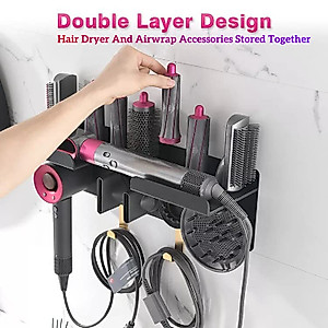 Wall Mount Holder for Dyson Supersonic Hair Dryer and Airwrap Styler, 2 in 1 Blow Dryer Accessories Organizer Storage Rack with Hook, Storage Attachment for Dyson Diffuser & Long Barrel