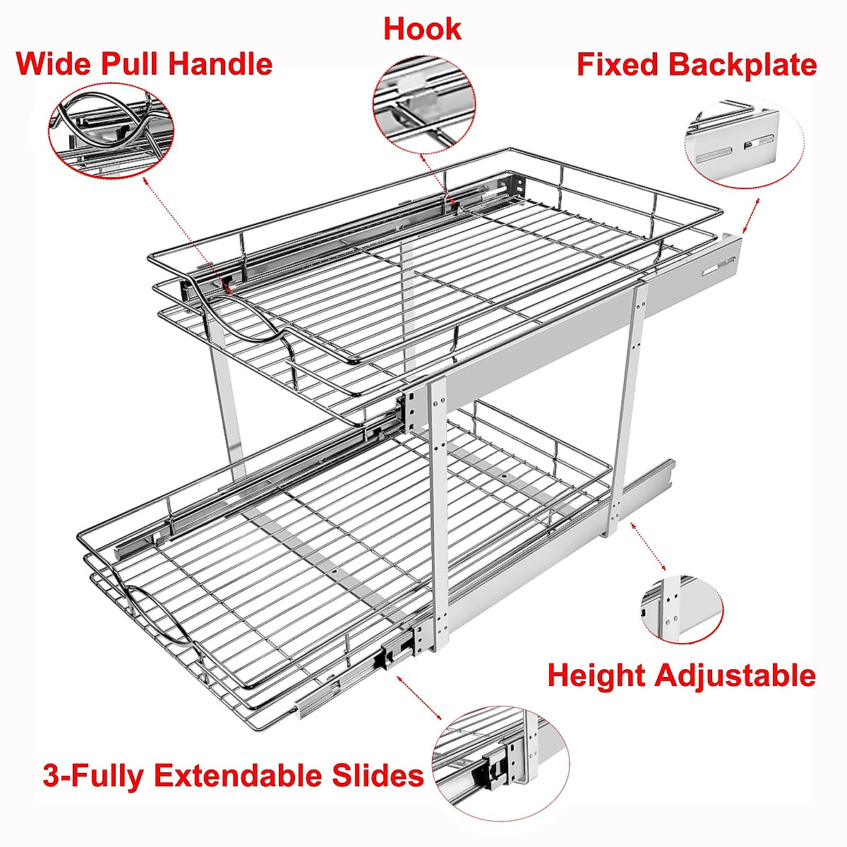 Sikarou Pull Out Cabinet Organizer 14" W x 21" D 2-Tier Individual Slide Out Drawer Pantry Shelf Storage for Kitchen Base Cabinet Organization ​for Kitchen, Bathroom, Pantry, Chrome