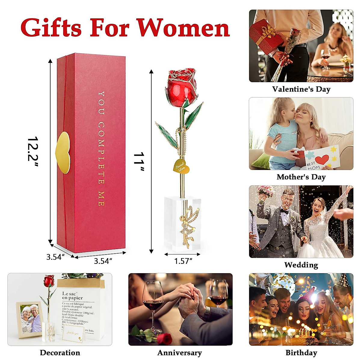 24k Gold Dipped Real Rose, for Her/Girlfriend, Forever 24k Rose with Crystal Stand, Handmade Gifts for Women Wife Mom on Valentines Day Birthday Anniversary Mother's Day