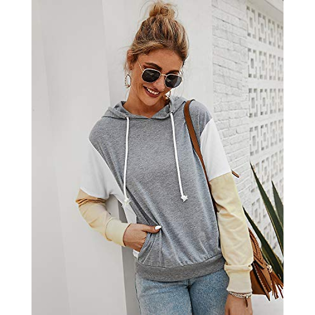 Women's Active Sweatshirt Hoodie,Long Sleeve Block Color Drawstring Pullover Tops with Pockets Gray