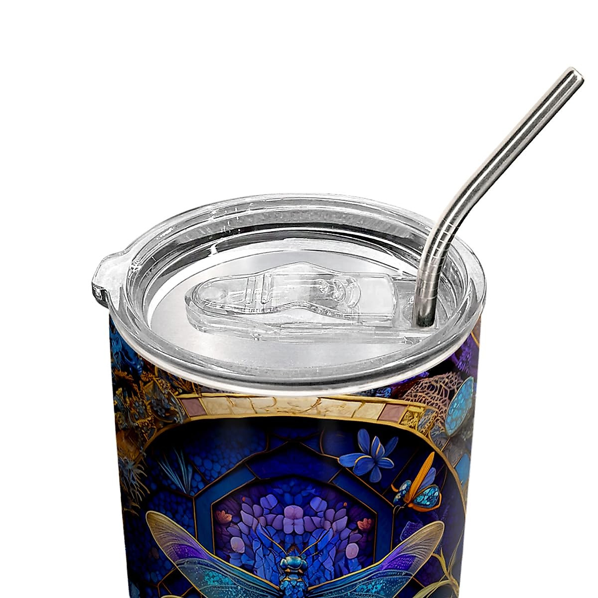 20oz Blue Stained Glass Mosaic Crystal Dragonfly Tumbler, Gifts for Dragonfly Lovers, Coffee Thermos for Women, Stainless Steel Double Wall Vacuum Insulated Coffee Mug, Travel Cup with Lid - D