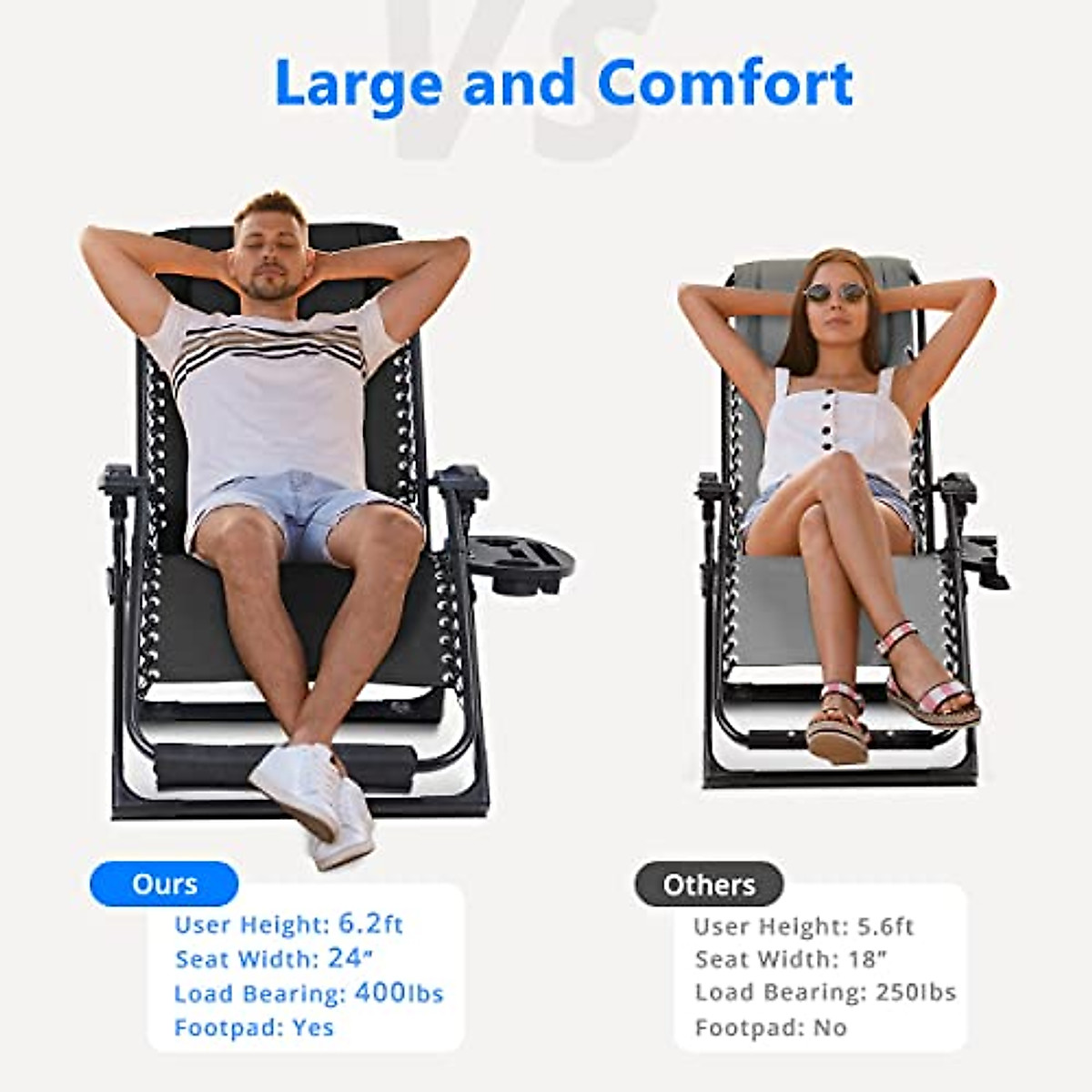 Ezcheer Padded Zero Gravity Chair Oversized with Foot Rest Cushion, Support 400 lbs Patio Beach Lounge Chair, Camping Lawn Outdoor Recliner with Cup Holder