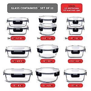 Nestl 24pc (12 Airtight, Freezer Safe Food Storage Containers and 12 Lids), Pantry Kitchen Storage Containers, Glass Meal Prep Container for Lunch, Glass Storage Containers with Lids Black