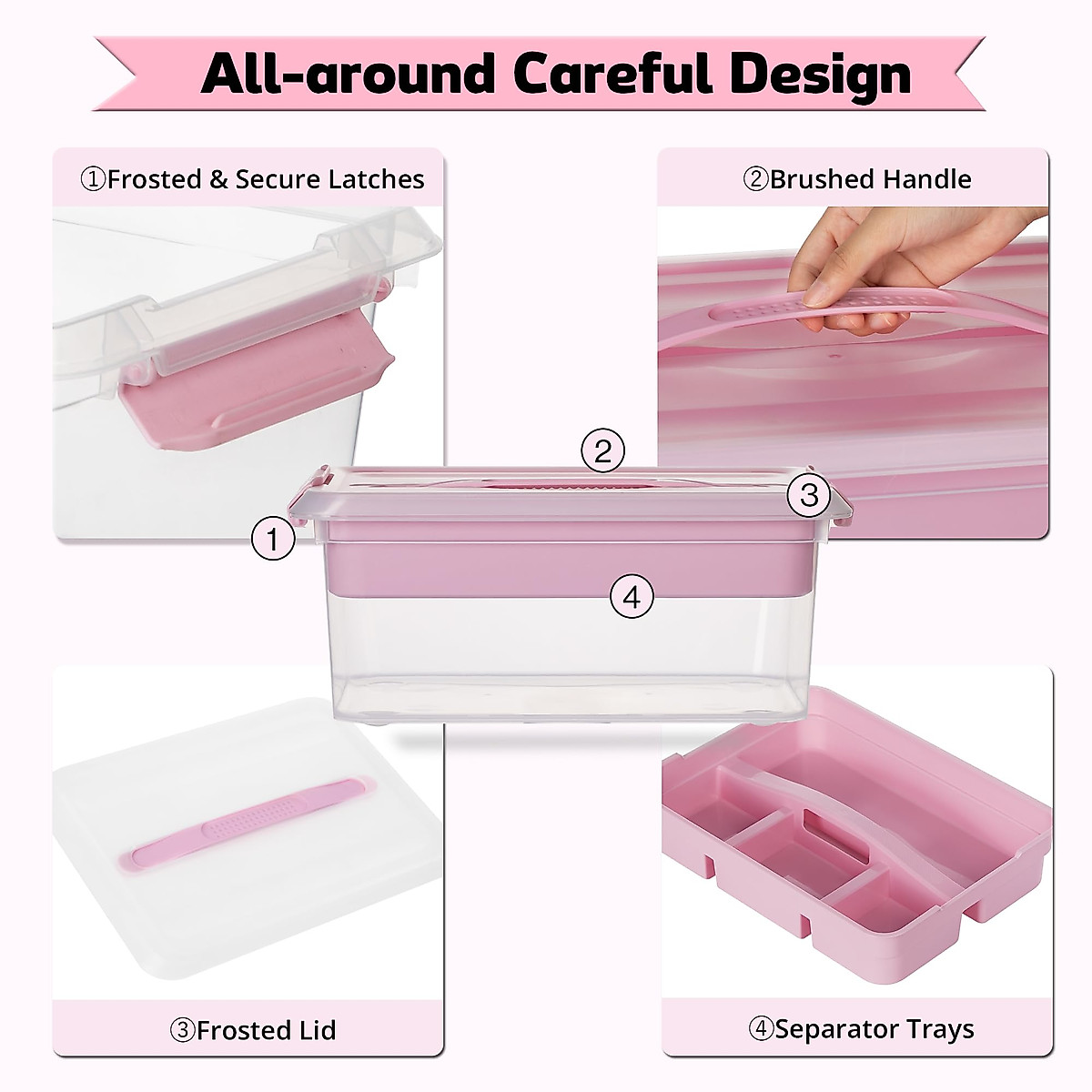 2-Pack Craft Organizers and Storage Boxes, 20 QT Playdoh storage box with Frosted Lid & Removable Tray, Pink Multi-Purpose Organizer for Toys, Crafts, Tools, Bead