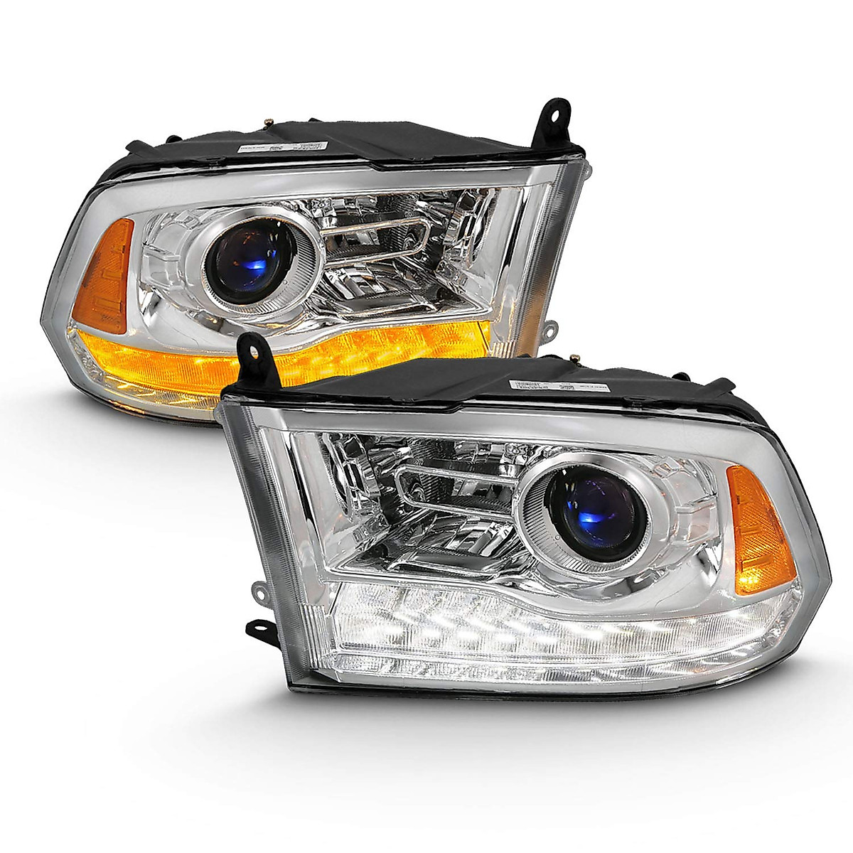 AmeriLite Halogen, led, Projector Car Headlights For 2009-2018 Dodge Ram 1500 2500 3500 Tube Switchback White & Amber Parking Turn Signal, Vehicle Light Assembly, Chrome With Switchback LED