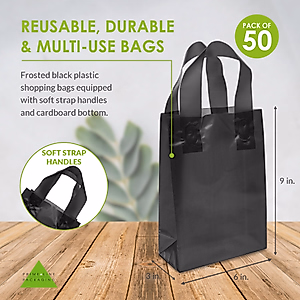 Prime Line Packaging Plastic Gift Bags with Handles, Shopping Tote for Small Business, Black Frosted, Retail, Boutiques, To Go, Party, 6x3x9 100 Pack
