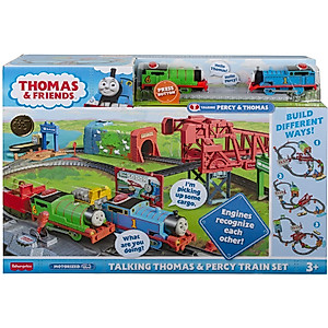 Thomas & Friends Toy Train Set Talking Thomas & Percy Motorized Engines with Track, Sounds & Phrases for Preschool Pretend Play Kids Ages 3+ Years