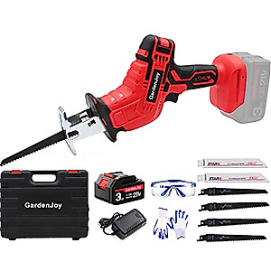 GardenJoy Cordless Power Reciprocating Saw: 21V Electric Compact Saw with 3.0Ah Battery and Charger, 6 Saw Blades, Variable Speed, Battery Powered Saw with Tool Box for Woods/Metal/Plastic Cutting