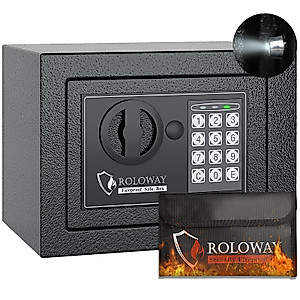 ROLOWAY Steel Money Safe Box for Home with Fireproof Money Bag for Cash Safe Hidden, Security Safe Box for Money Safe with Keys, Lock Box Fireproof Safe with Keypad Lock (Black)