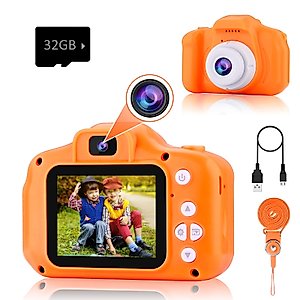 PROGRACE Kids Camera for Boys Girls - Dual Selfie Mini Children Camera Age 3 4 5 6 7 8 9 Year Old Kids Camcorder Birthday 𝗚𝗶𝗳𝘁 for Girls Boys Toy Camera for Kids Video Camera Recorder Orange