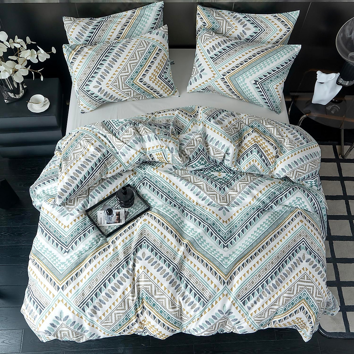 Boho Duvet Cover King, 3 Pieces Boho King Bedding Set, Ethnic Yellow White Green Louvre Bohemian Pattern Duvet Covers, 100% Cotton, Luxury Soft Breathable Comfy with Zipper Closure