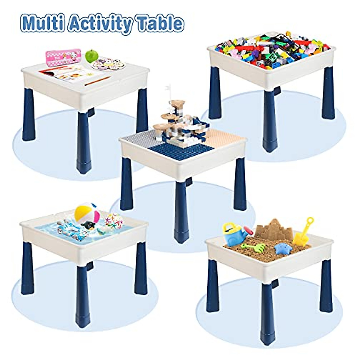 GobiDex 7 in 1 Multi Kids Activity Table Set with 2 Chairs and 100 Pcs Large Size Blocks Compatible with Classic Blocks.Water Table,Sand Table and Building Blocks Table for Toddlers Activity
