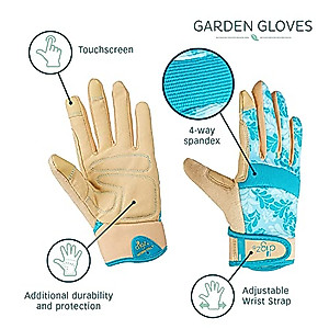 DIGZ 7606-23 High Performance Women's Gardening Gloves, Work Gloves with Touchscreen Compatible Fingertips, Blue Leaves Pattern, Medium, Orange