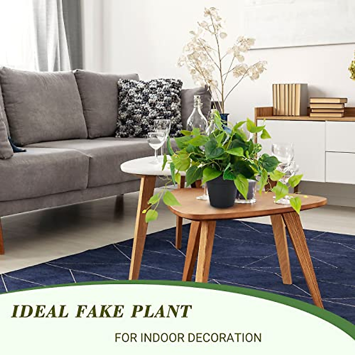 JPSOR Faux Plants for Home Décor, Small Indoor Fake/Artificial Potted Plants Pothos with Black Plastic Pot for Outdoor Living Room Bedroom Office Garden