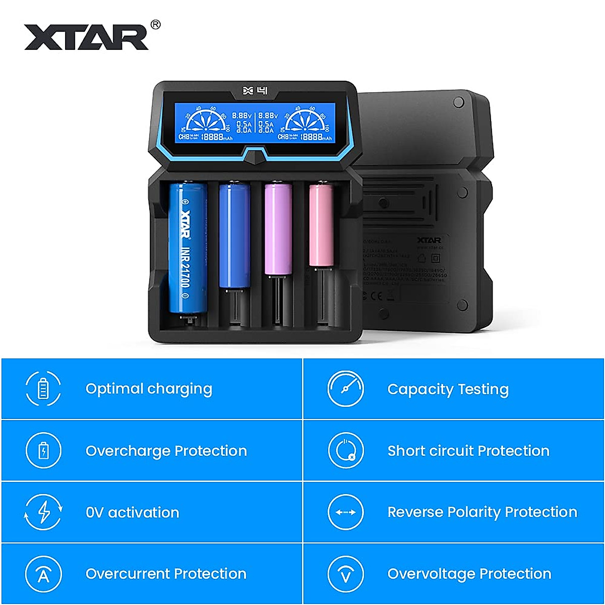XTAR New X4 Universal 18650 21700 Battery Charger 2A Fast Charger for Rechargeable Li-ion/IMR/Ni-MH/Ni-Cd 18650 16340 20700 21700 26650 14500 AA AAA C Batteries with USB Output