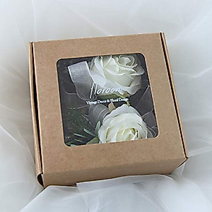 Floroom Ivory Rose Wrist Corsage Wristlet Band Bracelet and Men Boutonniere Set for White Wedding Flower Accessories Prom Suit Decorations
